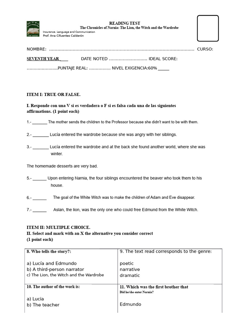 Narnia Reading Comprehension Test | PDF | Aslan | The Chronicles Of Narnia