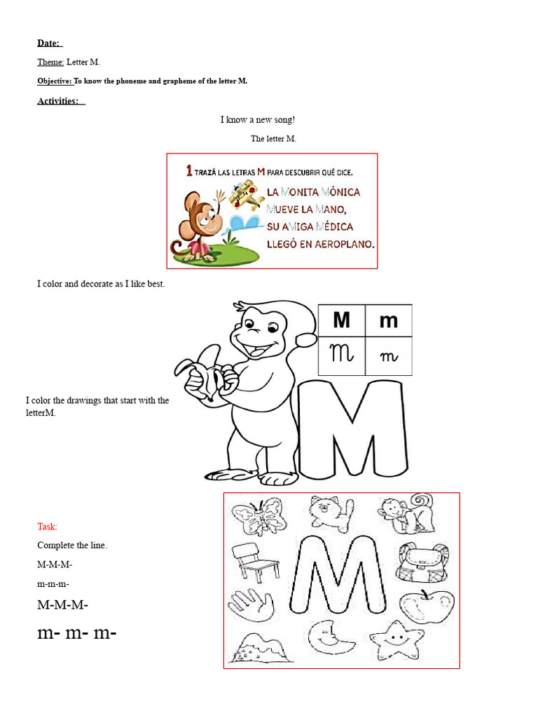 Language Activities Letter M | PDF | Phoneme | Syllable