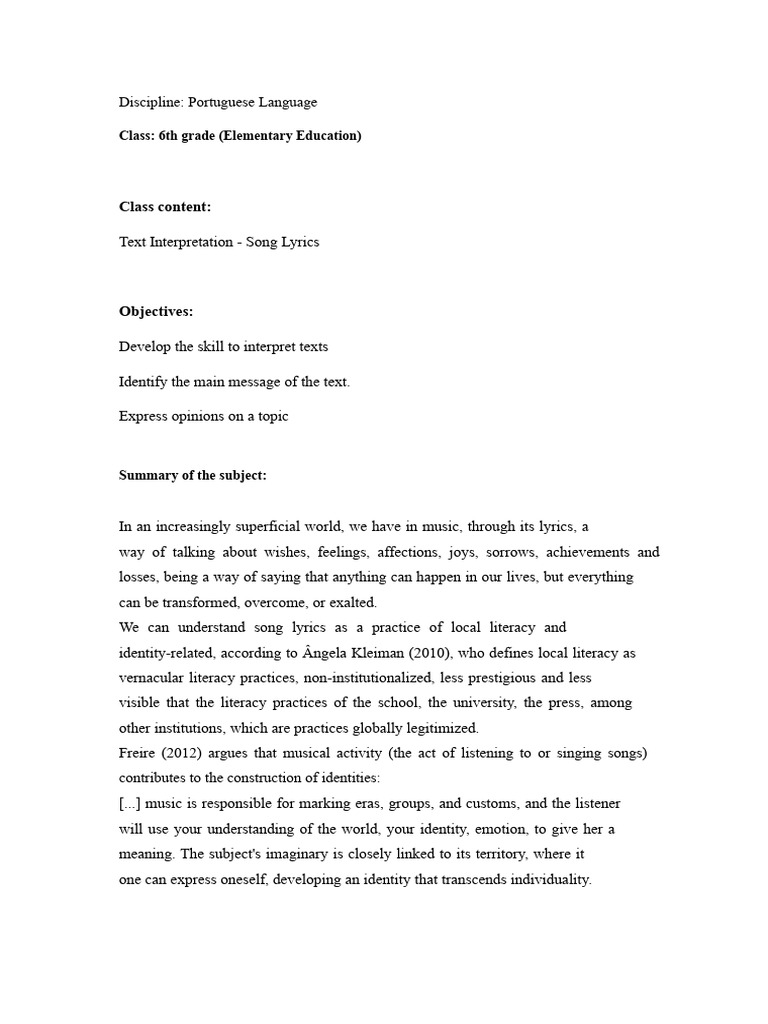 Lesson Plan Text Interpretation With Song Lyrics | PDF | Literacy ...