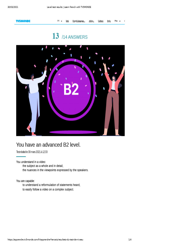 French Level Test Results B2 | PDF | French Language | Human Communication
