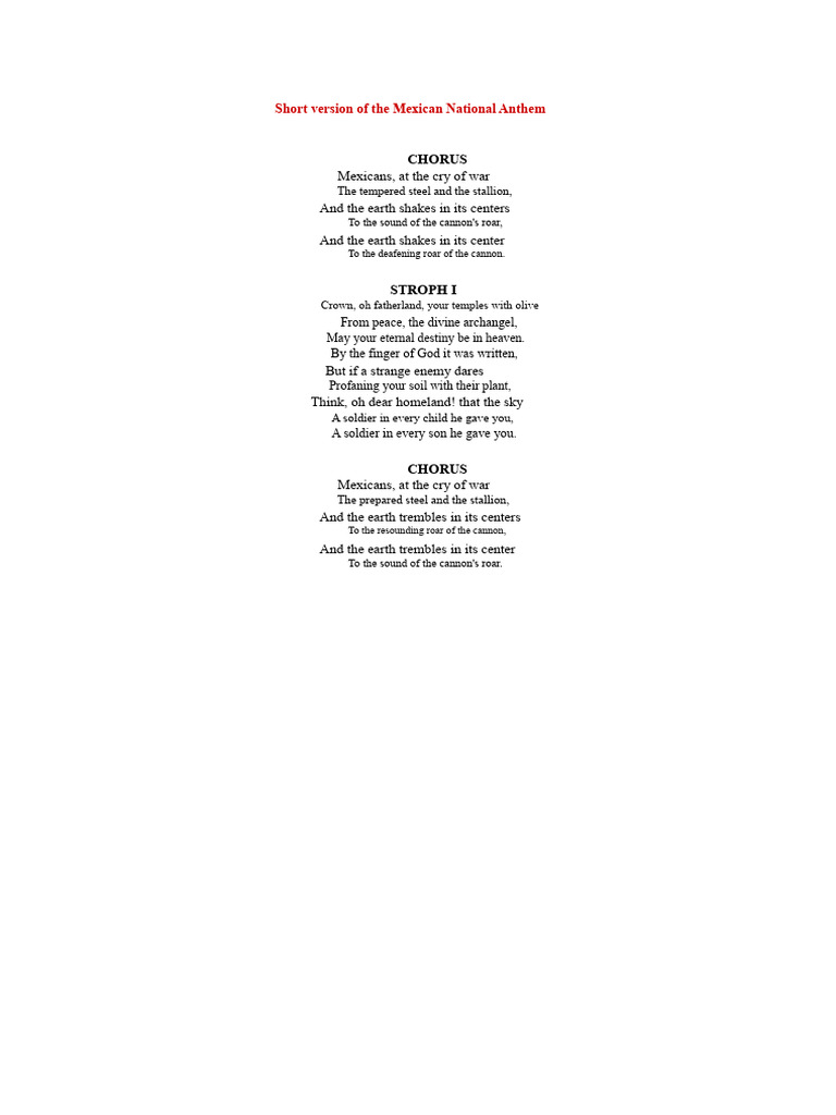 Short Version of The Mexican National Anthem-111029135926-Phpapp01 PDF ...