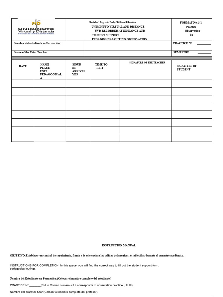 F3.1 Attendance Record For Pedagogical Outings (Pedagogical Outings ...