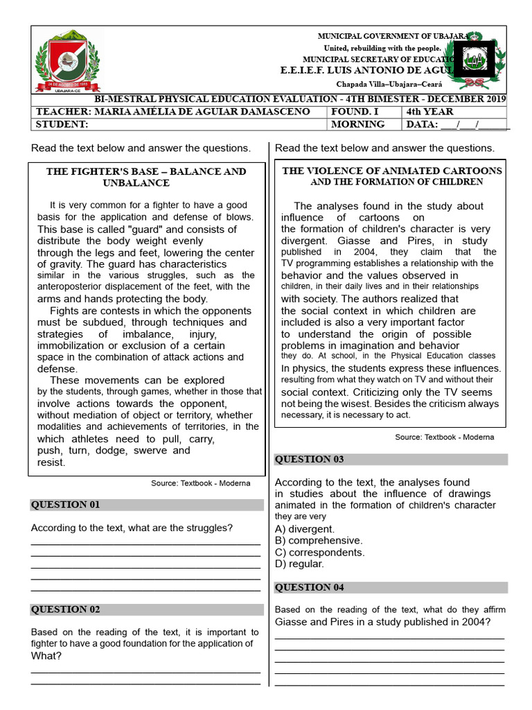 Bimonthly Physical Education Assessment - 4th Grade - Amélia - December ...