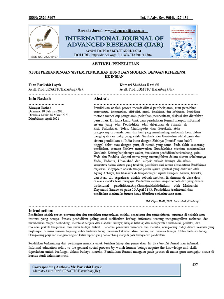 Studi Komparatif Sistem Pendidikan Kuno Dan Modern: Dengan Referensi Ke India | PDF