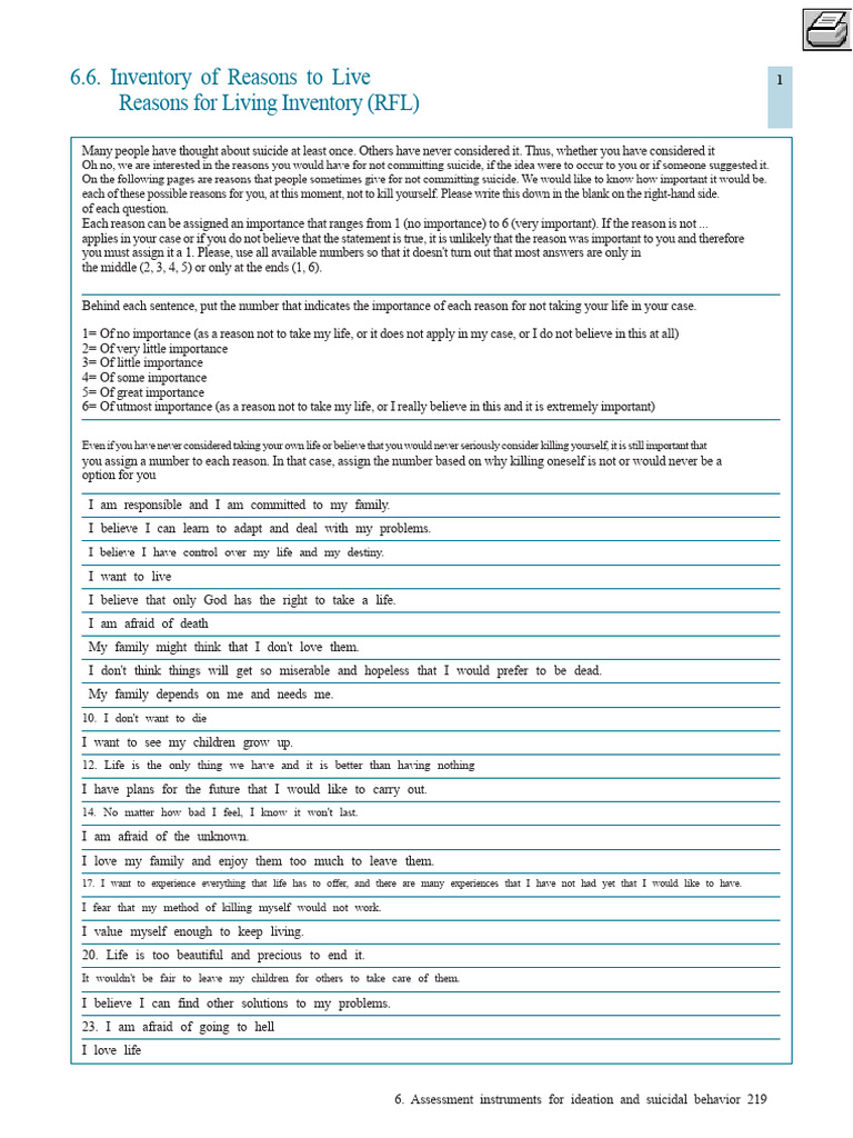 Reasons to Live Inventory | PDF | Reason | Suicide