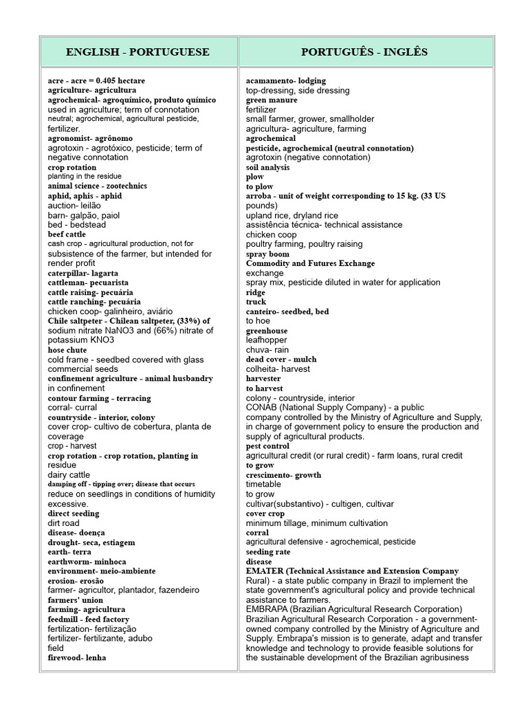 agriculture glossary English Portuguese | PDF | Agriculture | Horticulture