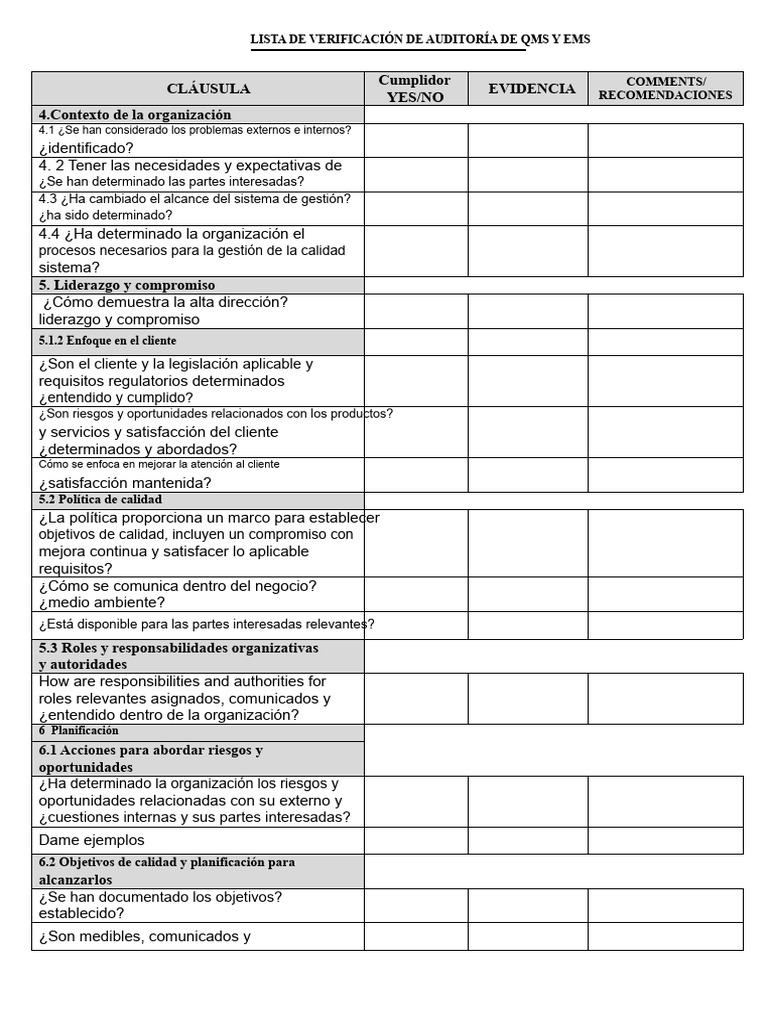 Auditoría QMS y EMS: Lista de Verificación | PDF | Sistema de manejo de ...
