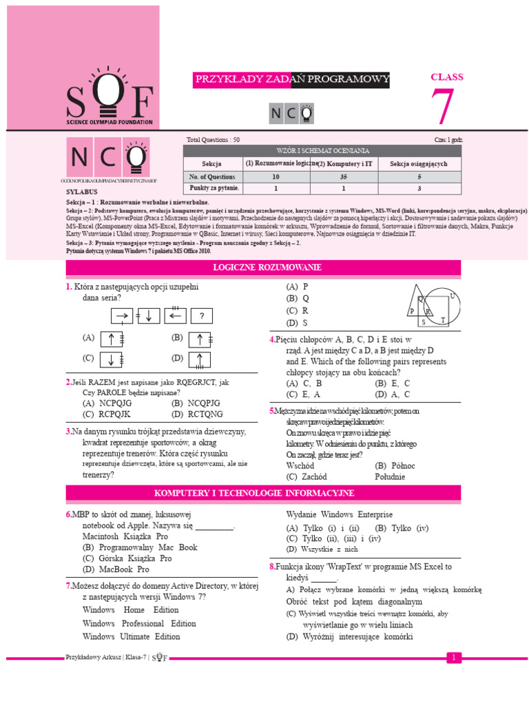 Nco Sample Paper Class-7 PDF | PDF