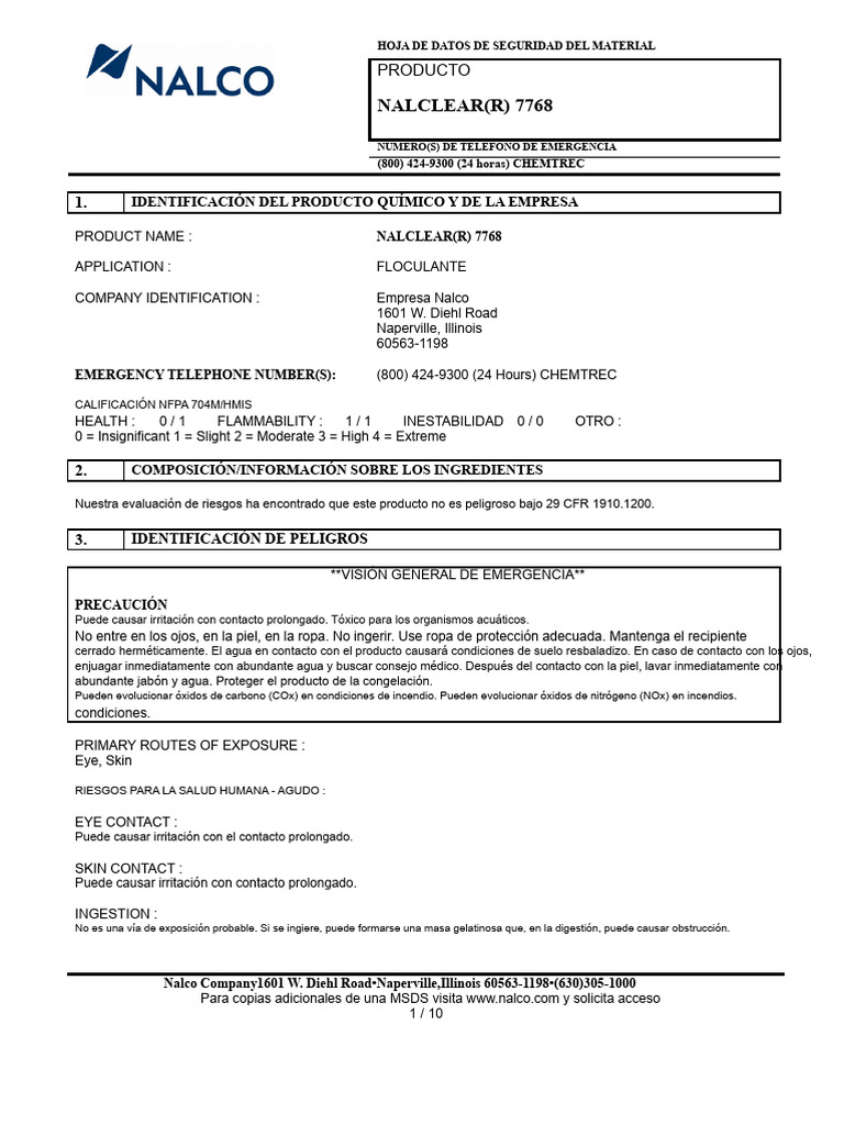 Hoja de Seguridad NALCLEAR 7768 | PDF | Agua | Materiales