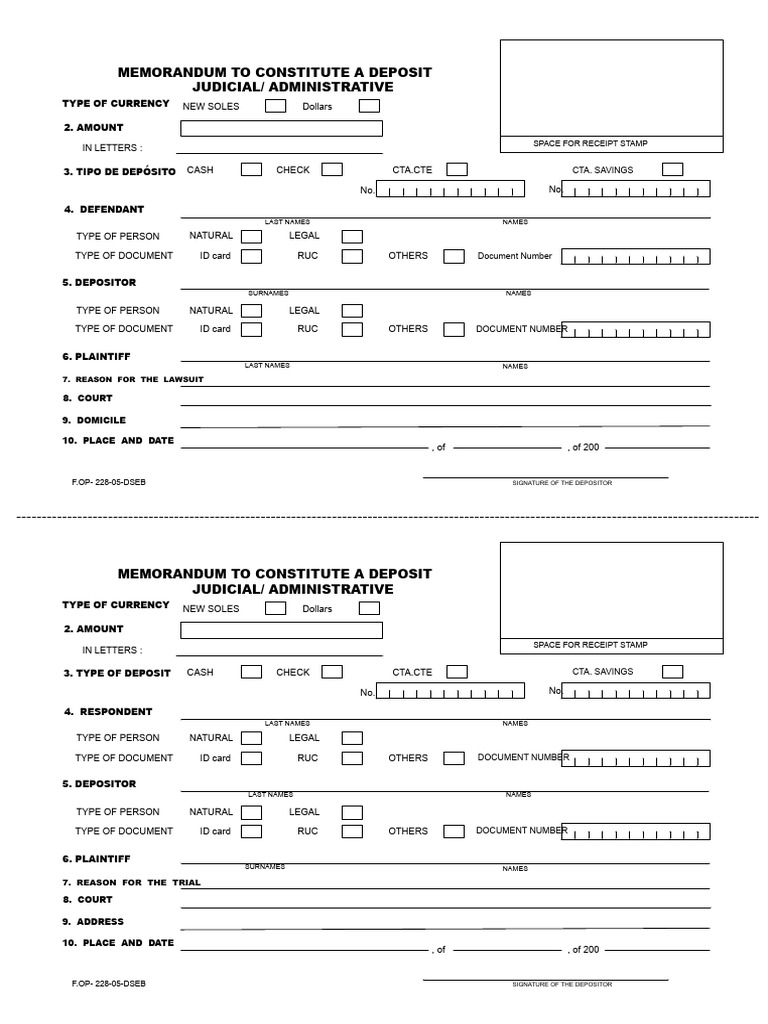 Judicial Deposit Memorandum Template | PDF | Lawsuit | Deposit Account