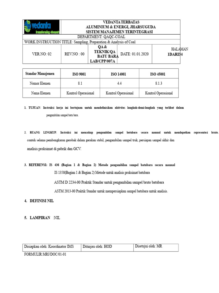 7A SOP - Pengambilan Sampel Batubara, Persiapan & Analisis | PDF