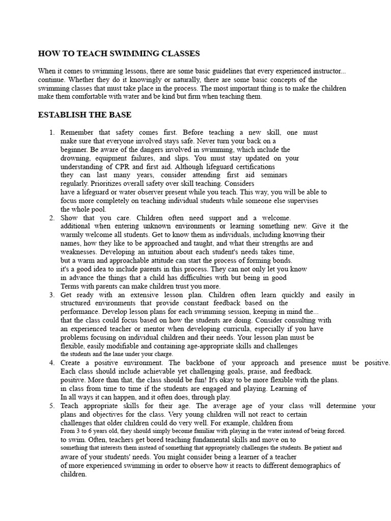 HOW TO TEACH SWIMMING LESSONS | PDF | Swimming | Lesson Plan