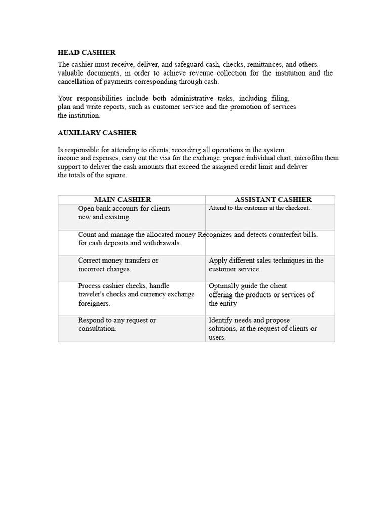 Cashier Roles and Responsibilities Guide | PDF