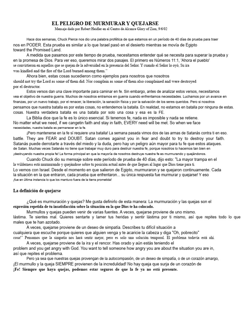 El peligro de murmurar y quejarse | PDF | Teología | Creencia religiosa ...