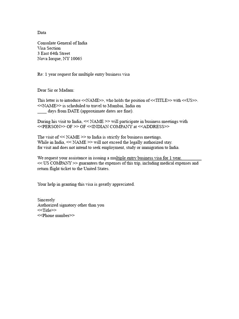 Example of A Business Letter For An Indian Visa | PDF