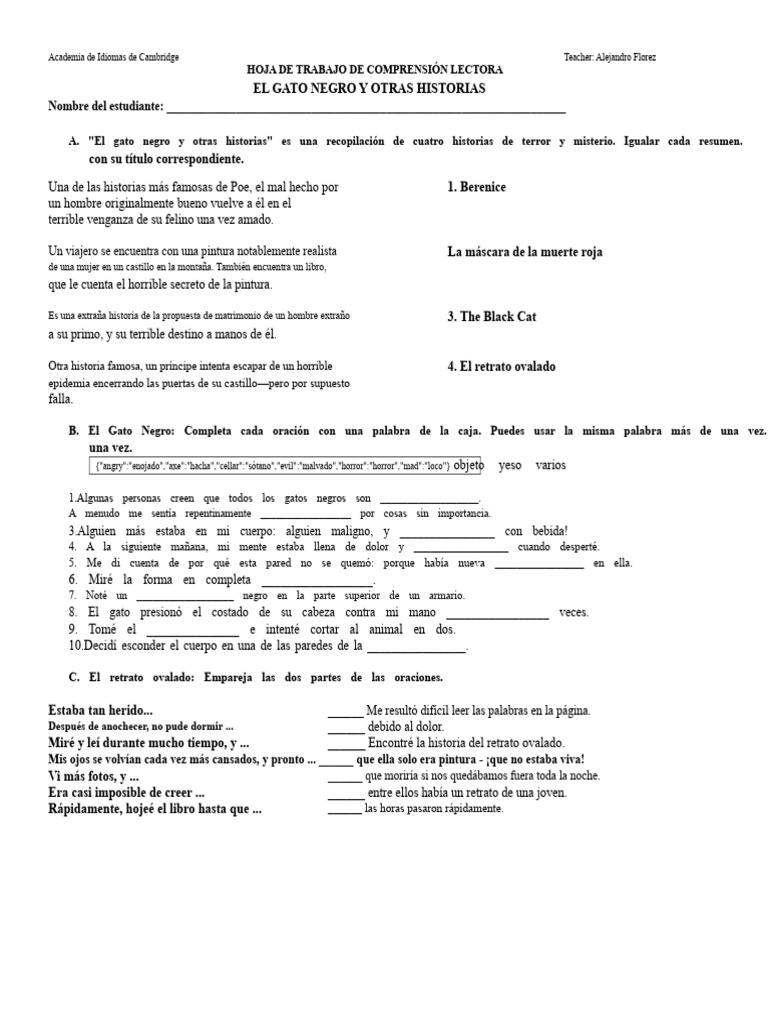 TALLER DE COMPRENSIÓN LECTORA - El Gato Negro | PDF | Edgar Allan Poe