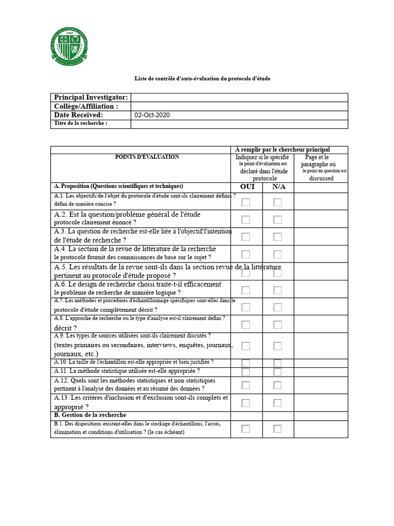 Checklist d'auto-évaluation protocole étude | PDF | Consentement ...