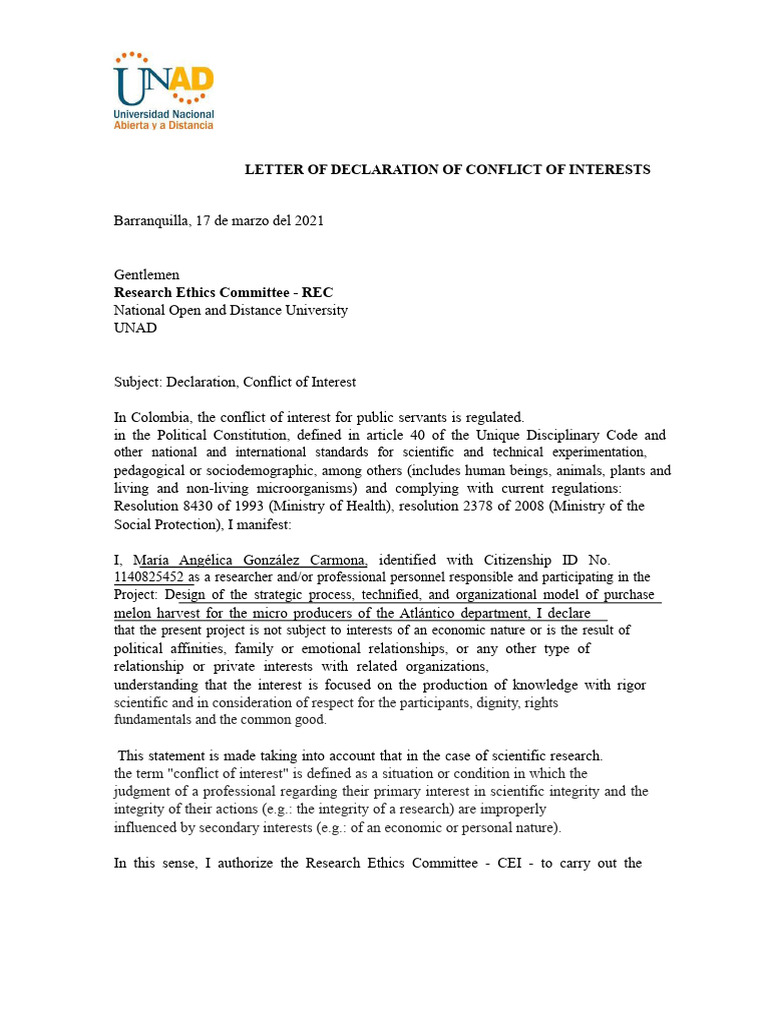 Document 3 - Letter Conflict of Interests | PDF | Conflict Of Interest