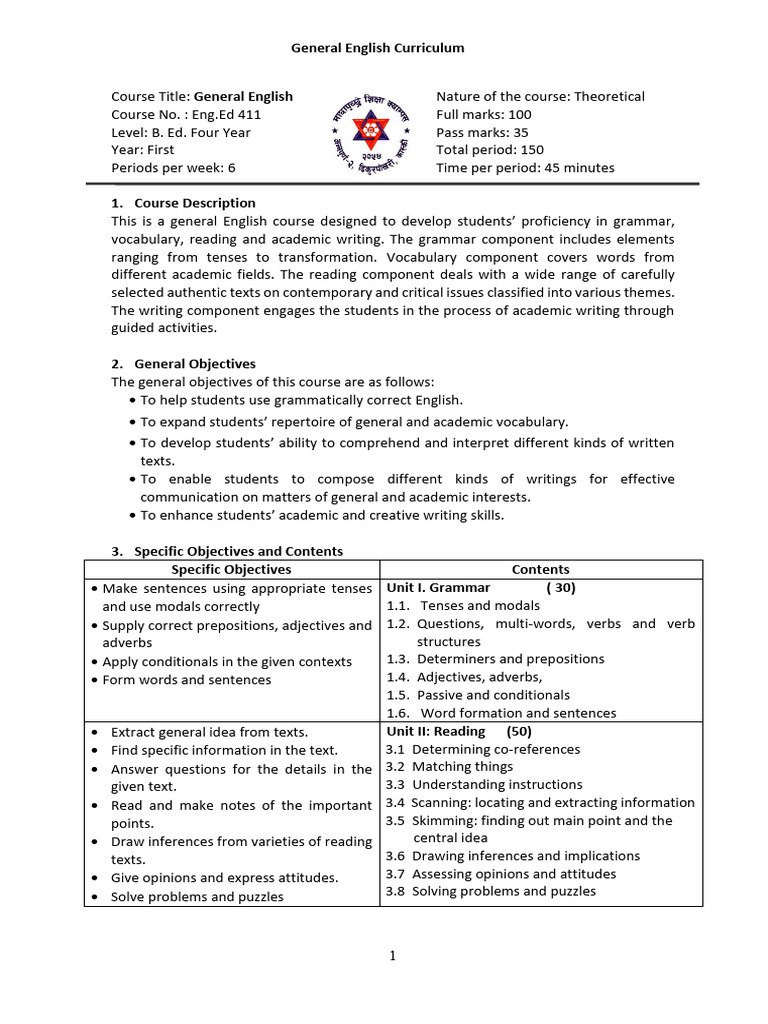 General English Curriculum Pdf English Language Verb