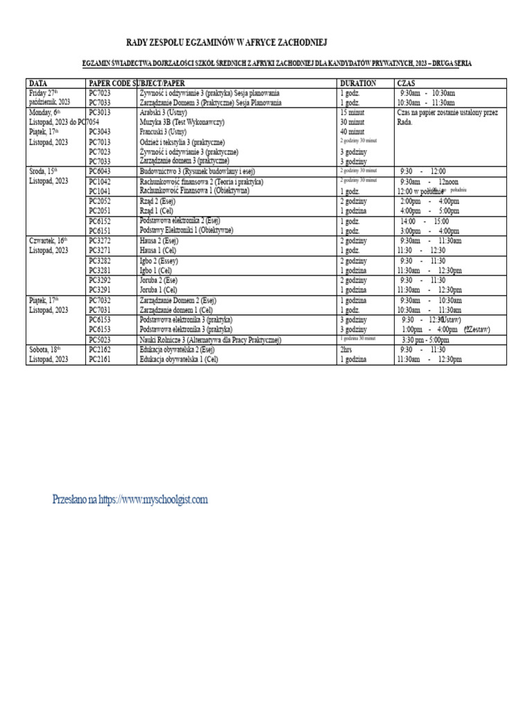 Harmonogram WAEC GCE 2023 Druga Seria | PDF