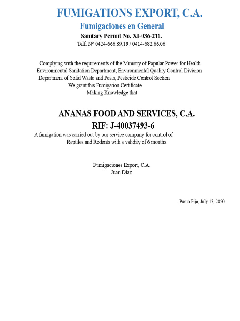 Fumigation Certificate Format | PDF | Pesticide