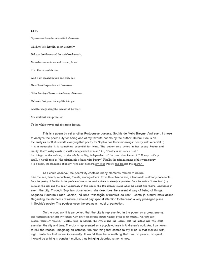 Analysis of Sophia de Mello's "City" Poem | PDF | Poetry