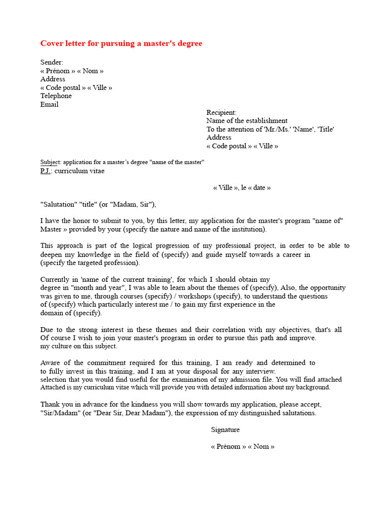 Master's Degree Application Cover Letter | PDF