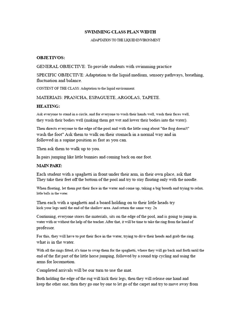 Swimming Class Plan Adaptation | PDF