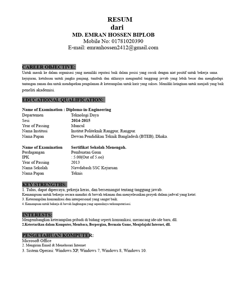 Template CV Bangladesh | PDF