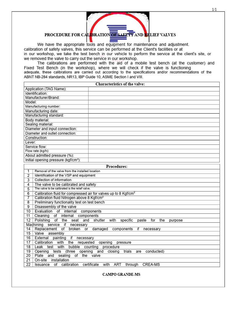 Calibration Procedure For Safety and Relief Valves | PDF