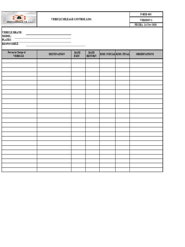 F-hse-053 Vehicle Mileage Control Log Format | PDF