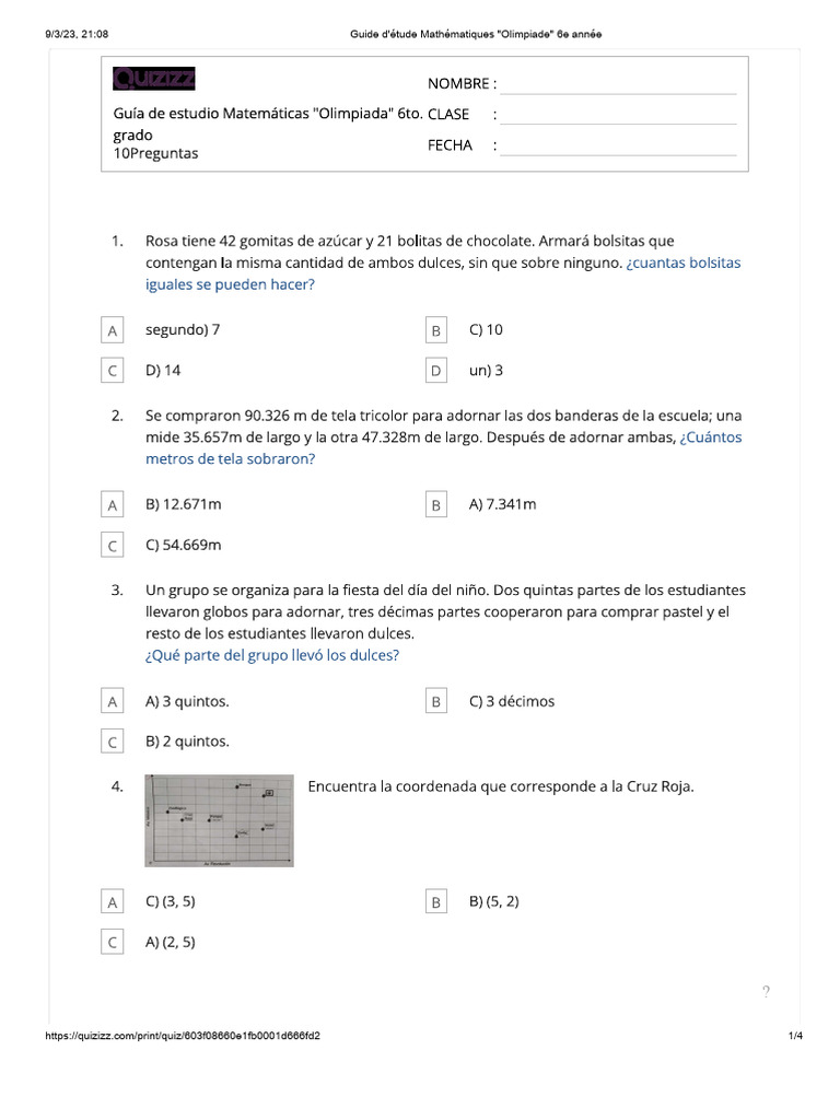 Guide d'étude Mathématiques _Olympiade_ 6e année | PDF