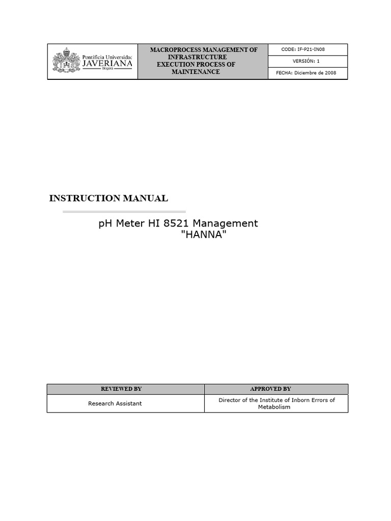 Instruction Manual For The PH Meter HI 8521 Hana - Institute of Inborn Errors of Metabolism PDF ...