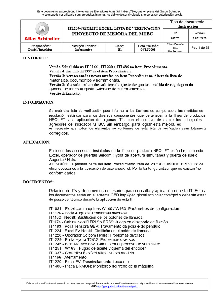 IT 1207 - Mejora MTBC Excel | PDF | Ascensor | Tornillo