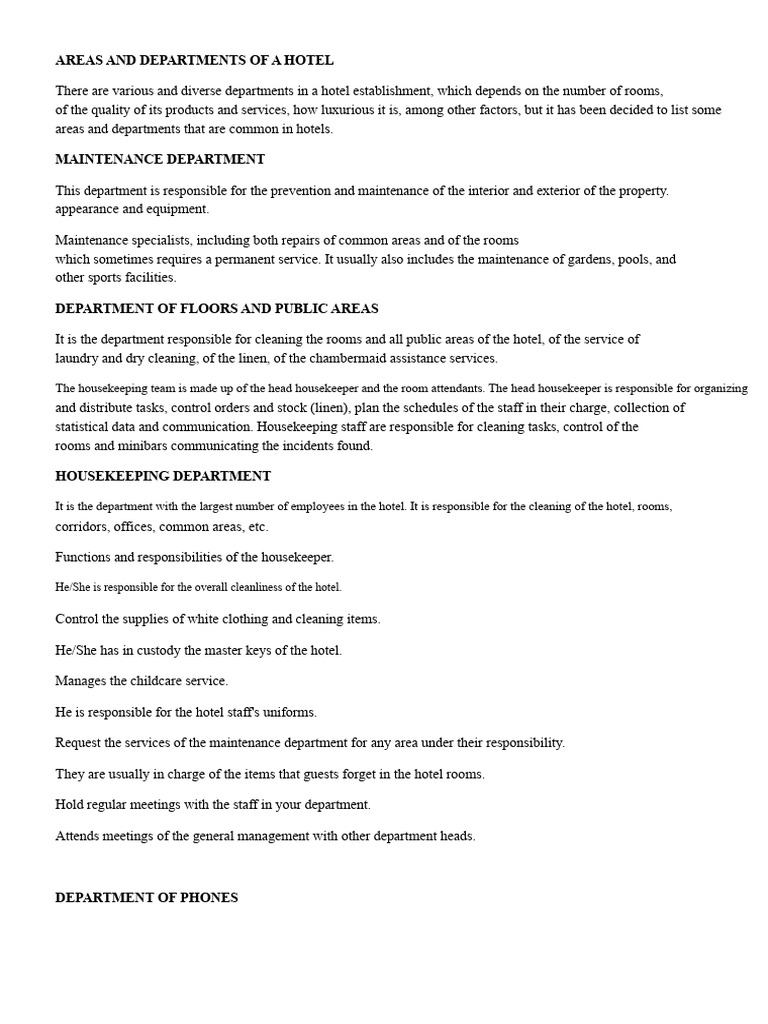 Areas and Departments of A Hotel | PDF | Housekeeping | Hotel