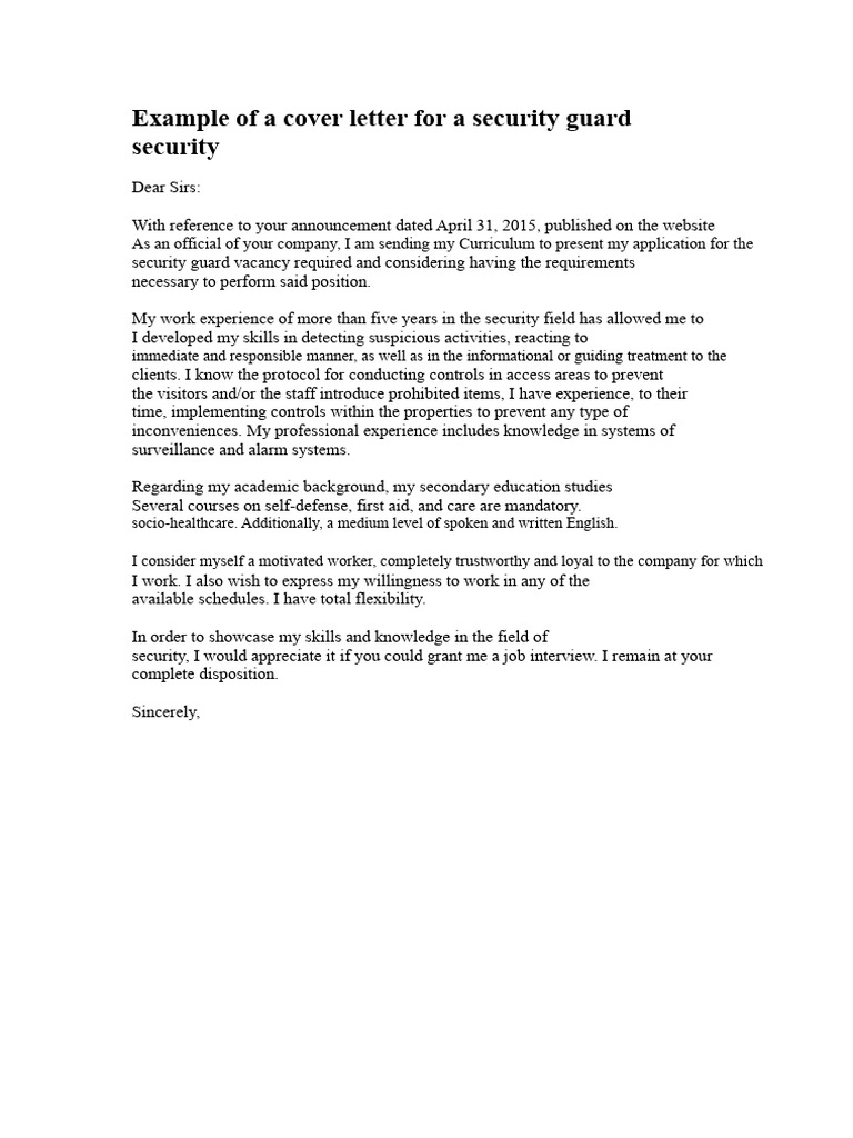 Example of Cover Letter For Security Guard Wilmer | PDF