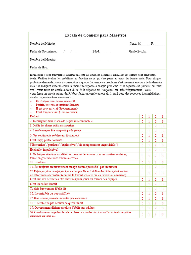 Évaluation Conners pour Enseignants | PDF