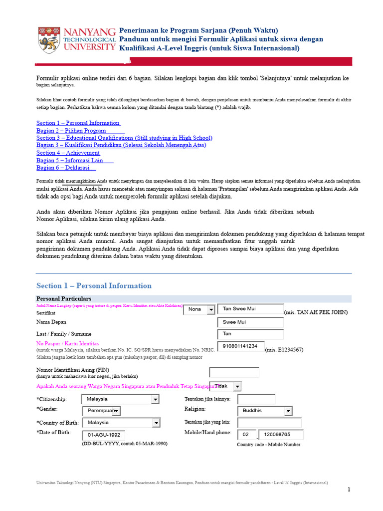 Formulir Aplikasi untuk Ntu | PDF
