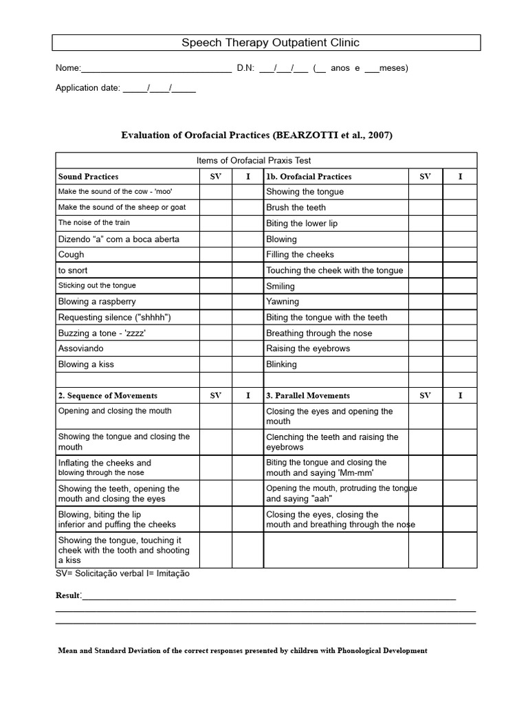 Oral Apraxia Assessment - Bearzotti Translation Oral Praxias Test | PDF