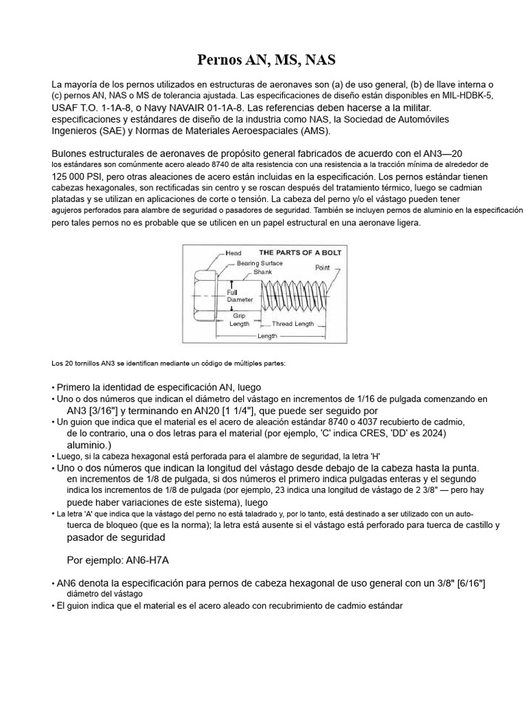 Guía de Pernos AN, MS y NAS en Aeronáutica | PDF | Tornillo | Tuerca ...