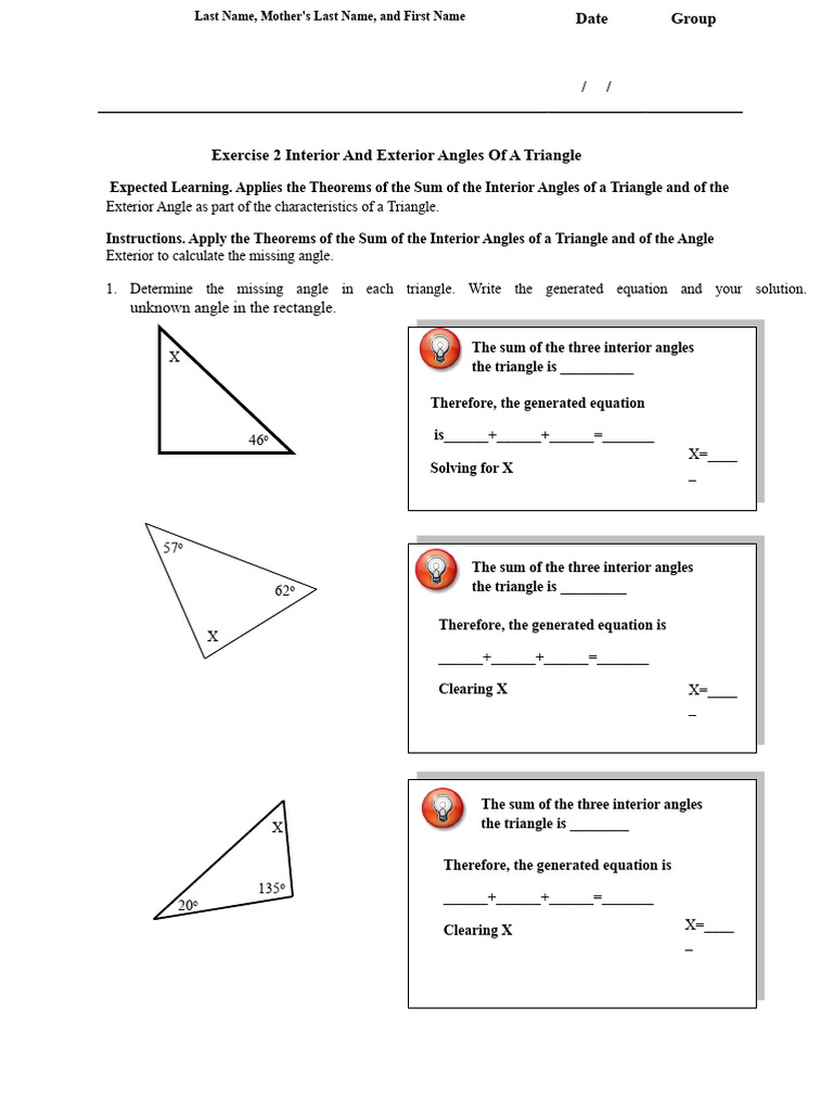 Triangle Angle Theorems Exercise Guide | PDF | Triangle | Angle