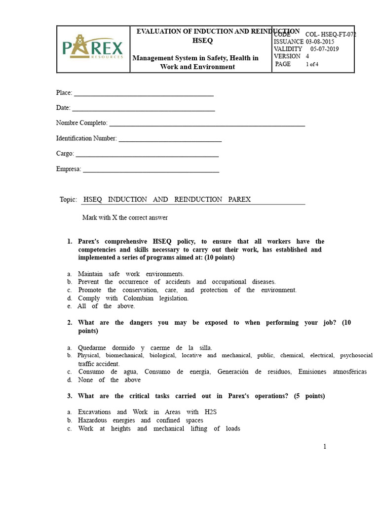 HSEQ Induction and Reinduction Evaluation | PDF | Occupational Safety ...