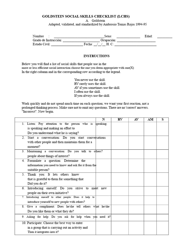 Goldstein Social Skills Checklist | PDF | Anger | Social Psychology