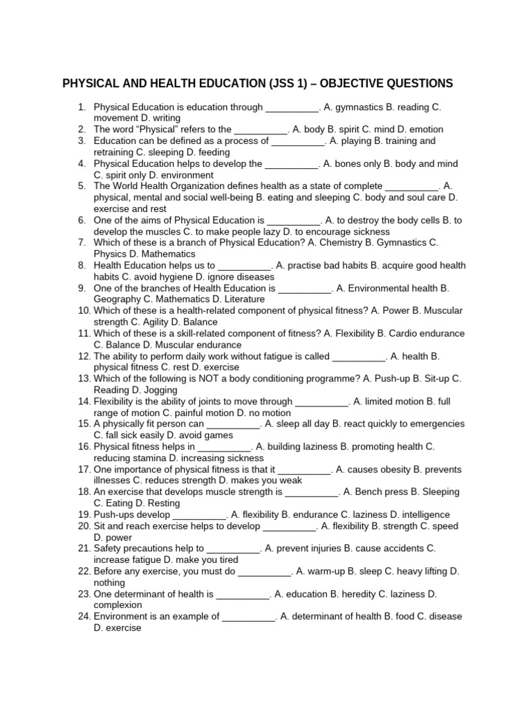 Physical and Health Education (Jss 1) - Objective Questions | PDF ...