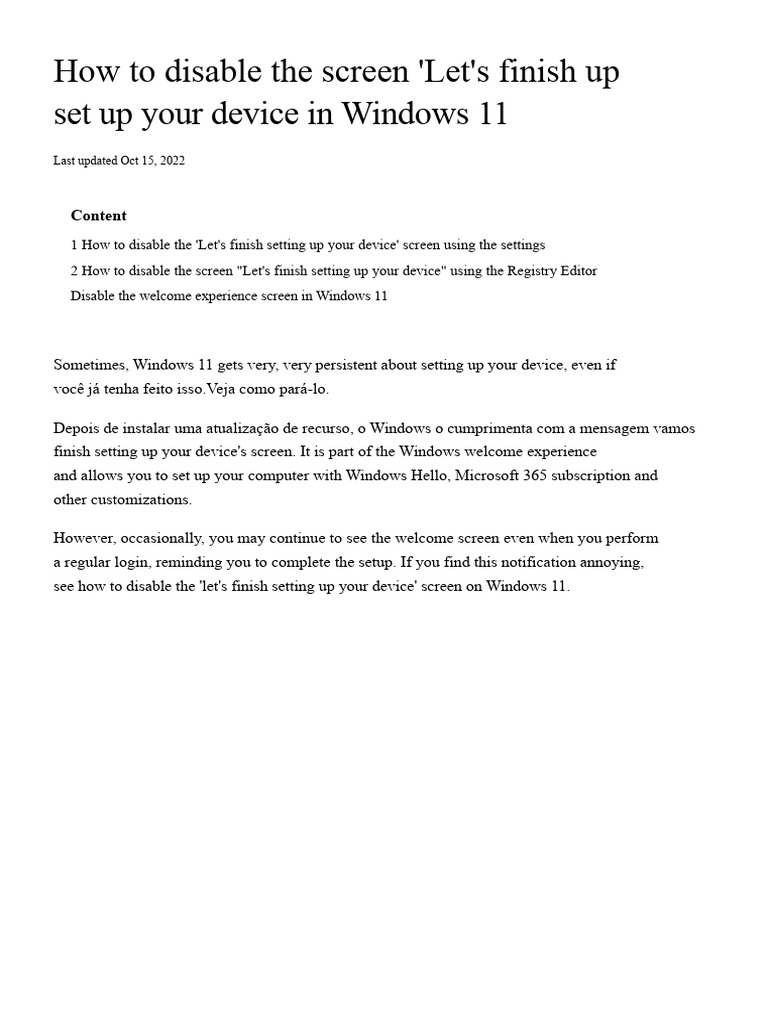 How To Disable The - Let's Finish Setting Up Your Device - Screen in Windows 11 | PDF | Windows ...