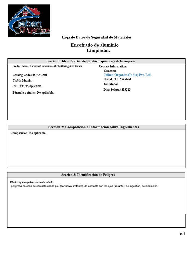 Limpiador de Encofrado de Aluminio MSDS (Katharos-AL-301) | PDF | Agua ...