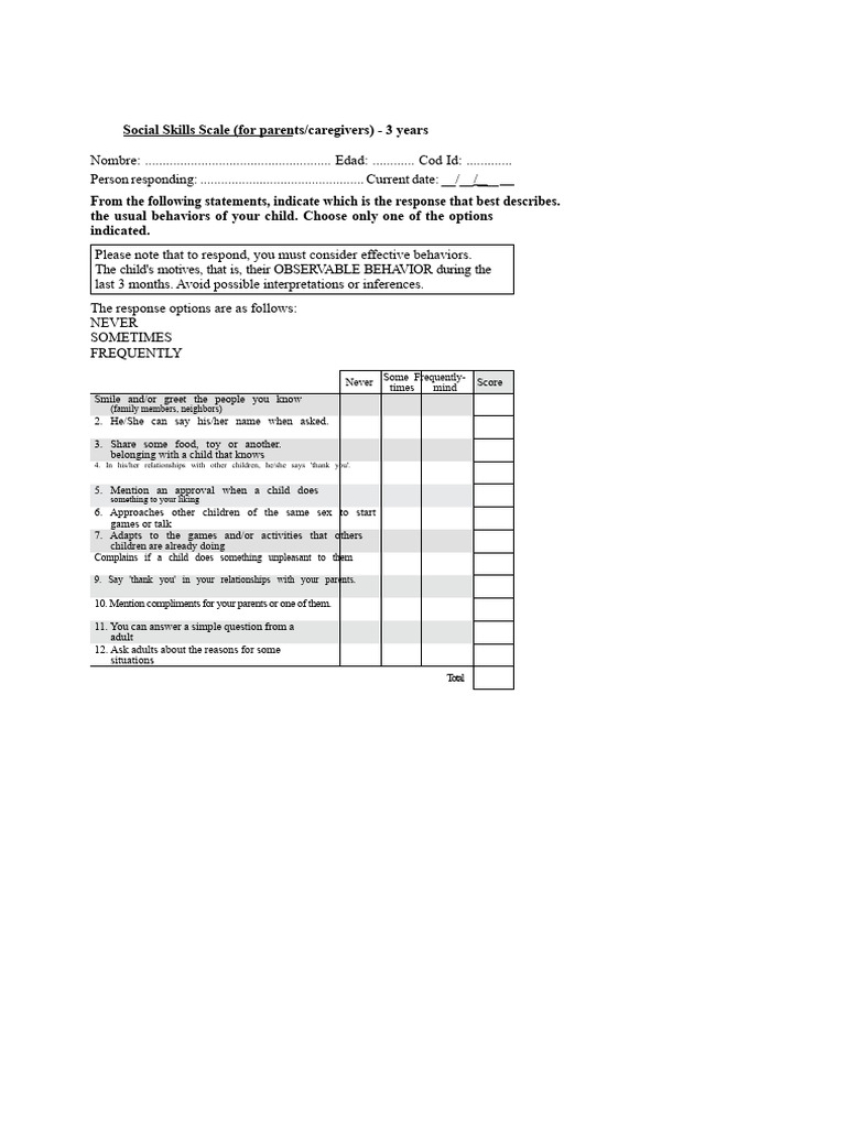 Social Skills Scale For Children Aged 3 To 5 Years | PDF | Human ...