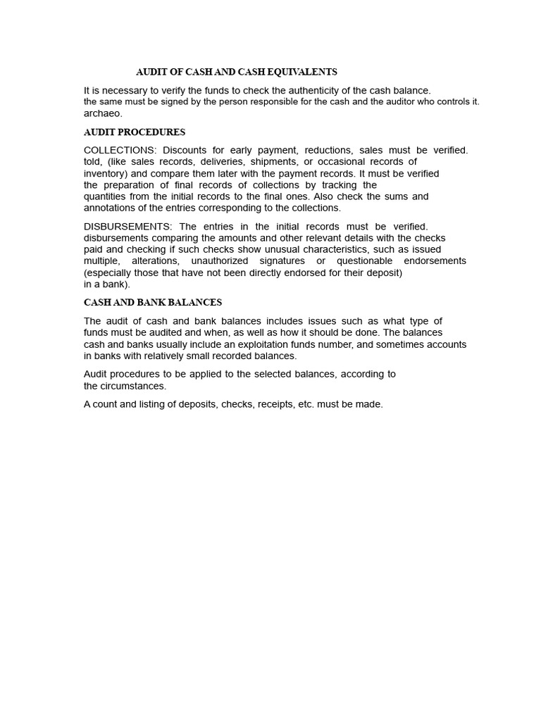 Cash and Cash Equivalents Audit Guide | PDF | Internal Control | Cheque
