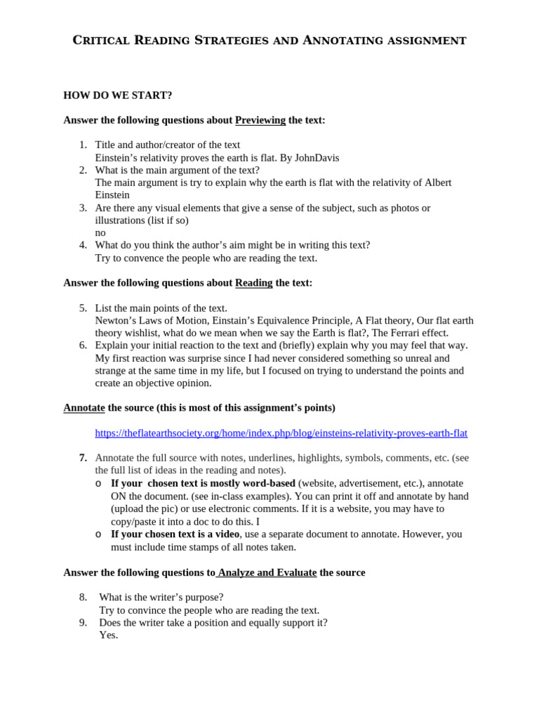 Critical Reading Strategies and Annotating Assignment | PDF | Theory Of Relativity