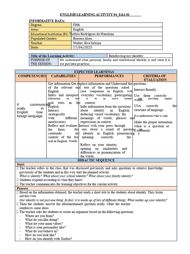 EdA_01_Session_05_Reinforcing my identity_5th | PDF | English Language ...
